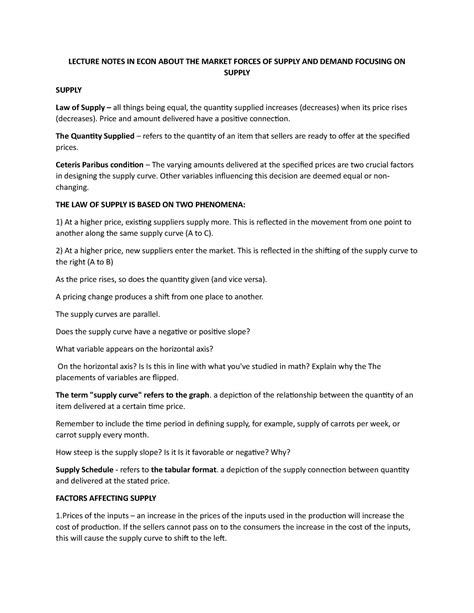 Lecture Notes IN ECON About THE Market Forces OF Supply AND Demand Focusing ON Supply LECTURE