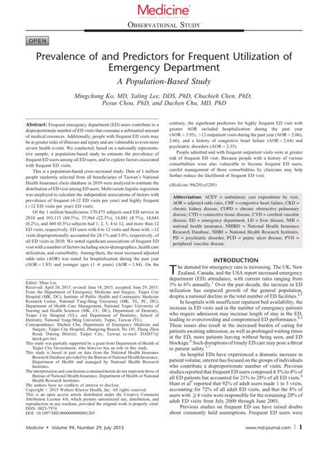 Pdf Prevalence Of And Predictors For Frequent Utilization Of Emergency Department A