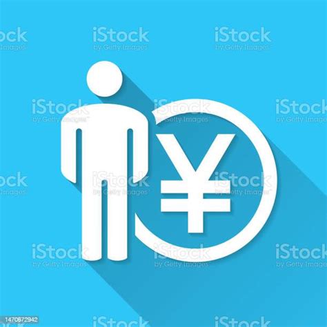 엔 기호가있는 사람 파란색 배경에 아이콘 긴 그림자가 있는 평면 디자인 3차원 형태에 대한 스톡 벡터 아트 및 기타 이미지 3차원 형태 개념 경제 Istock