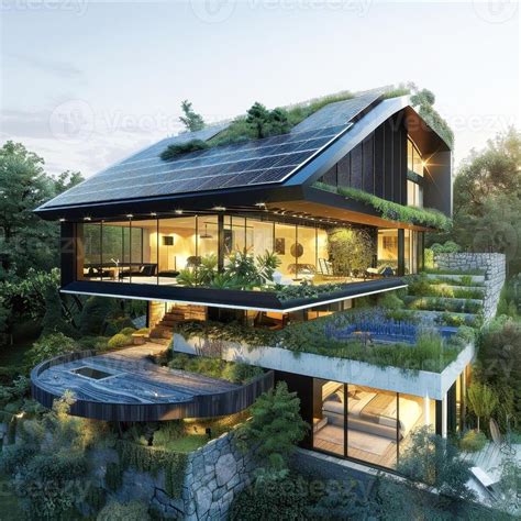 Modern Sustainable Home With Solar Panels And Green Rooftop Design
