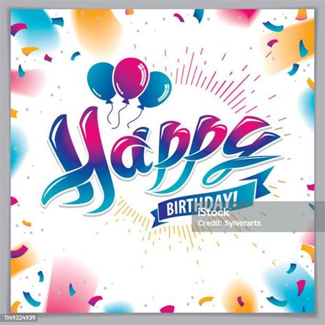행복 한 생일 즐겁고 밝은 벡터 인사말 카드입니다 화려한 색종이 배경 비행 위에 배치 아름 다운 레터링과 풍선 구성을 포함 합니다 인쇄에 허용 되는 Cmyk 색상이 있는