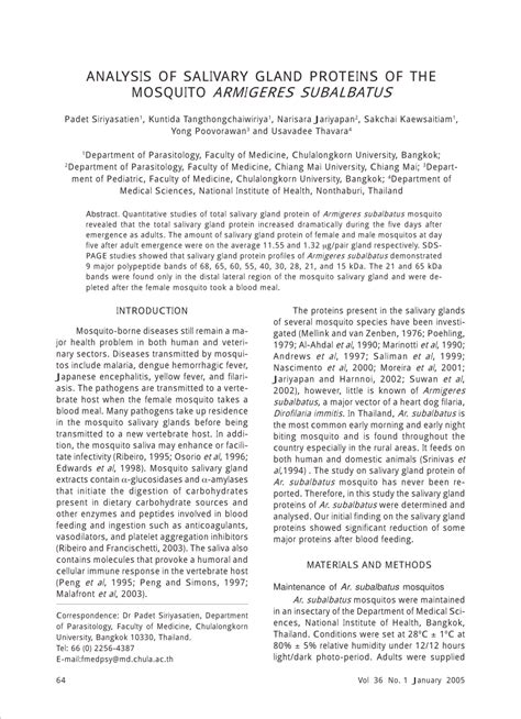 Pdf Analysis Of Salivary Gland Proteins Of The Mosquito Armigeres