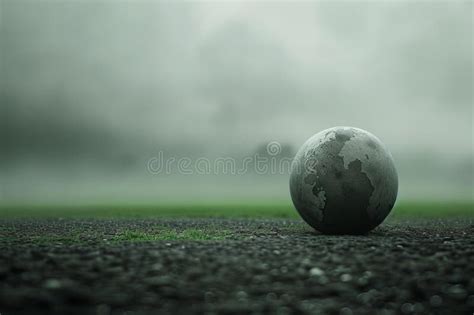 A Planet Earth Shaped Ball Rolling On The Ground Green Grass In Background Dark Sky Foggy