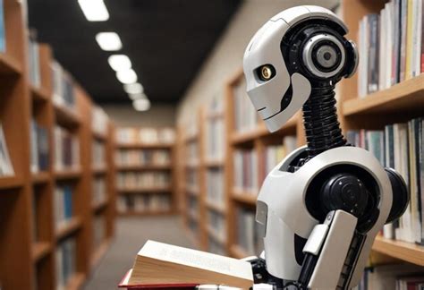 Premium Photo A Robot Sits In A Library With A Book In The Background Premium Photo A Robot Sits In A Library With A Book In The Background