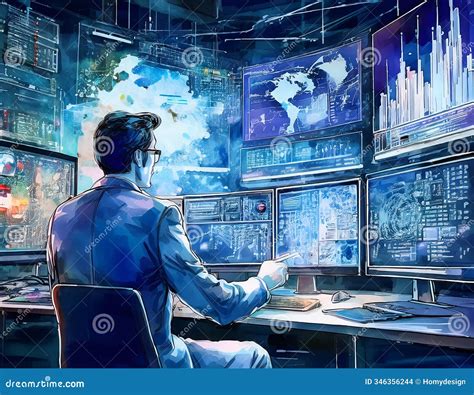 A Person In A Futuristic Control Room Monitors Multiple Screens Displaying Data Visualizations