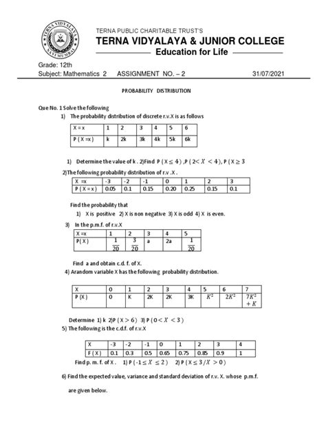 Probability Distribution Assignment Download Free Pdf Variance