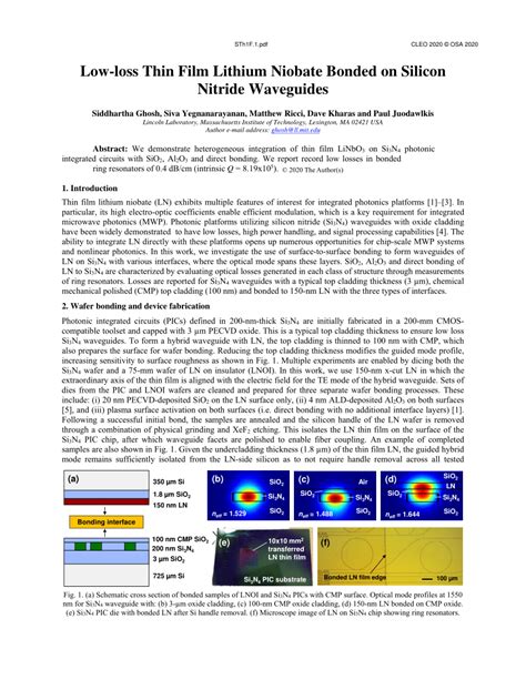 Pdf Low Loss Thin Film Lithium Niobate Bonded On Silicon Nitride Waveguides