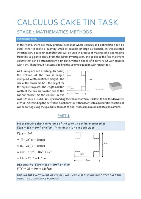 Stage 1 Mathematical Methods Calculus Cake Tin Investigation