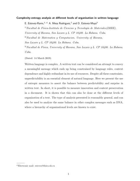 Pdf Complexity Entropy Analysis At Different Levels Of Organisation In Written Language