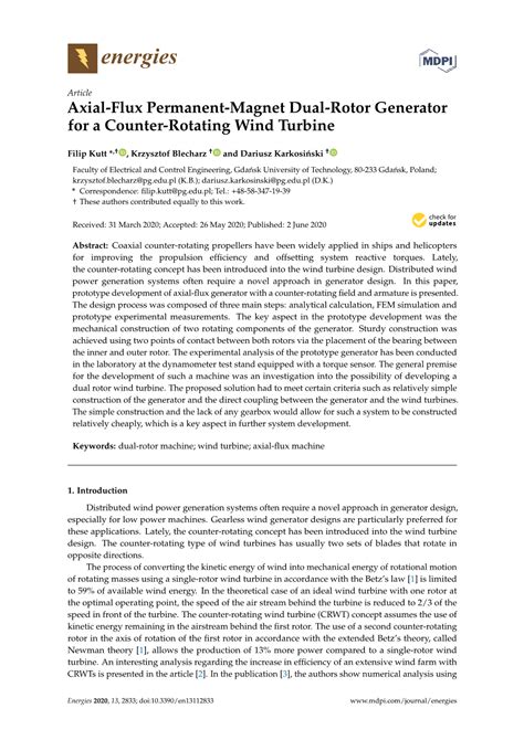 Axial Flux Permanent Magnet Dual Rotor Generator For A Counter Rotating