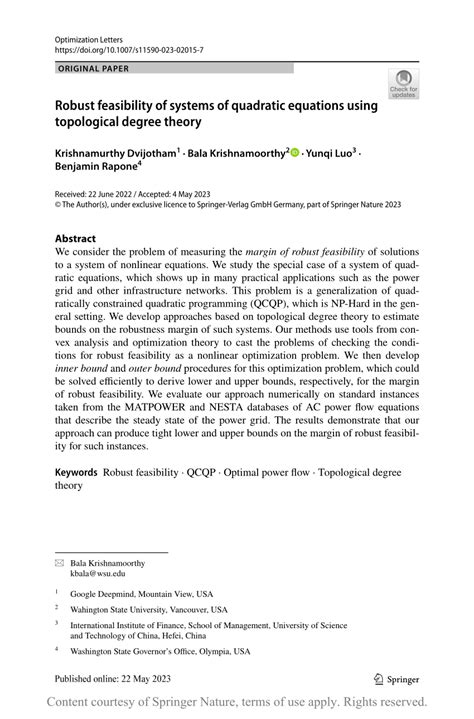 Robust Feasibility Of Systems Of Quadratic Equations Using Topological Degree Theory Request PDF