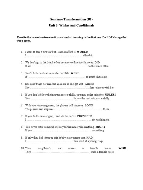 Sentence Transformation - Conditionals Wishes B2 | PDF