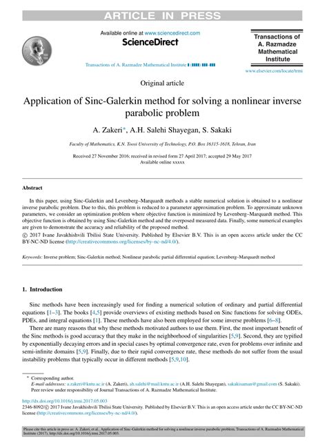 Pdf Application Of Sinc Galerkin Method For Solving A Nonlinear