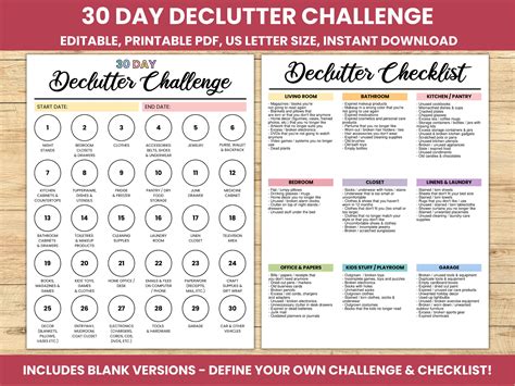 Printable Declutter Challenge Editable 30 Day Challenge Decluttering Checklist Declutter