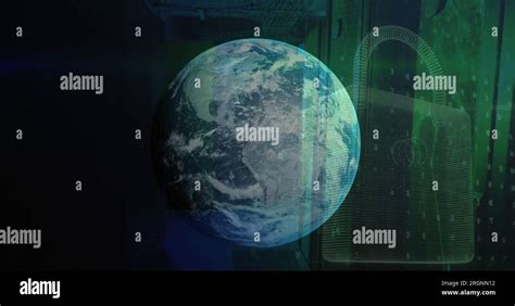 Image Of Globe Security Padlock Icon And Data Processing Against Computer Server Room Stock