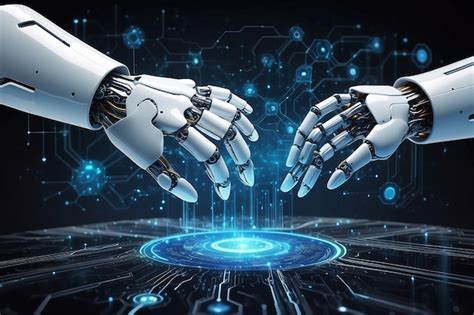 Artificial Intelligence Ai Machine Learning Robot And Human Hands Touching On Big Data Network