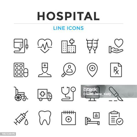 병원 선 아이콘 설정 현대 개요 요소 그래픽 디자인 개념 스트로크 선형 스타일 간단한 기호 컬렉션입니다 벡터 선 아이콘 메스 수술 장비에 대한 스톡 벡터 아트 및 기타