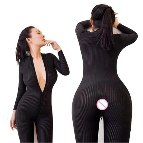 오픈 가랑이 블랙 스트라이프 깎아 지른 Bodystocking 바디 수트 에로틱 란제리 섹시한 더블 지퍼 긴 소매 점프 슈트 AliExpress