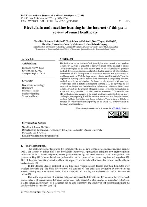 PDF Blockchain And Machine Learning In The Internet Of Things A Review Of Smart Healthcare
