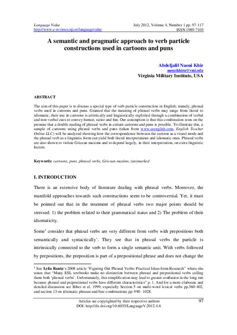 Pdf A Semantic And Pragmatic Approach To Verb Particle Constructions Used In Cartoons And Puns