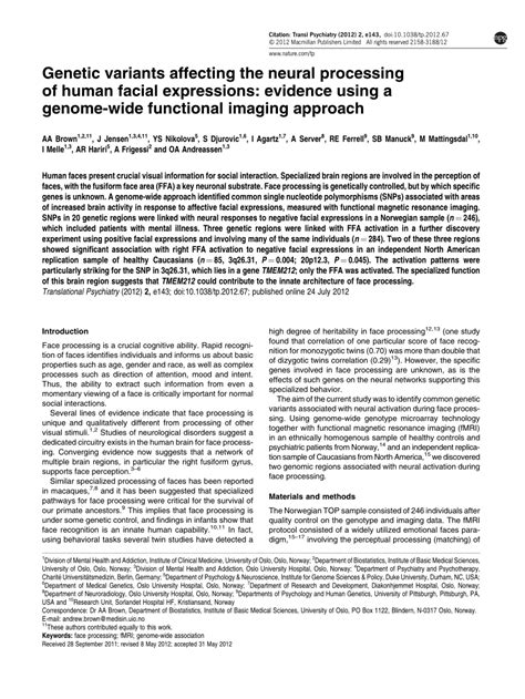 Pdf Genetic Variants Affecting The Neural Processing Of Human Facial