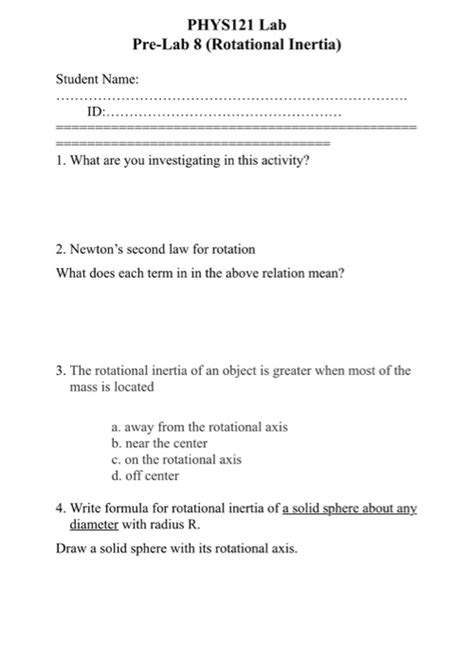 Solved PHYS Lab Pre Lab Rotational Inertia Student Chegg