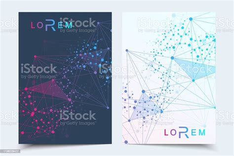 과학 브로셔 디자인 서식 파일입니다 벡터 플라이어 레이아웃 연결 된 라인과 점을 가진 분자 구조 잡지 전단지 표지 포스터
