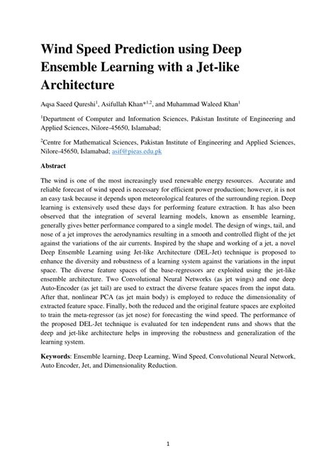 PDF Wind Speed Prediction Using Deep Ensemble Learning With A Jet Like Architecture