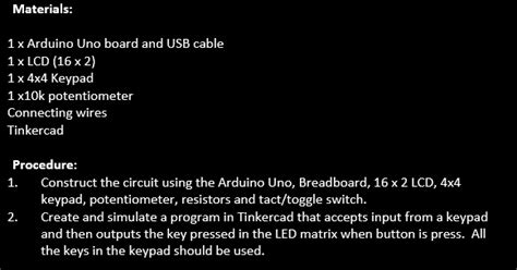 Materials 1 X Arduino Uno Board And Usb Cable 1 X Lcd 16 X 2 1 X 4x4