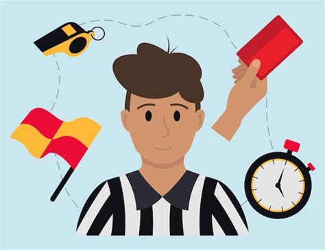 스포츠 경쟁 벡터 일러스트 레이 션 평면 스타일에 대 한 축구 심판 및 심판 개체 설정 프리미엄 벡터