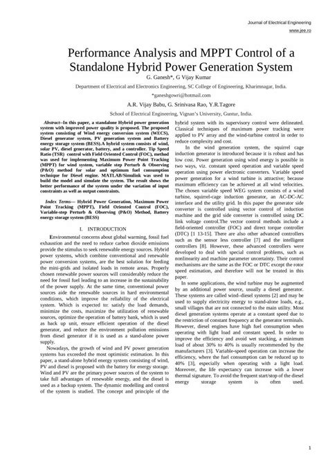 Pdf Performance Analysis And Mppt Control Of Standalone Hybrid Power Generation Sytem