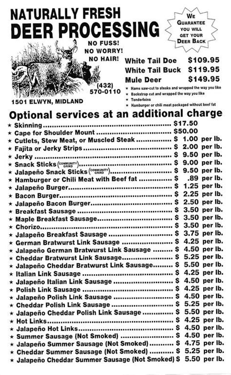 Menu Naturally Fresh Deer Processing
