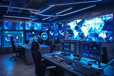 Futuristic Cyber Security Command Center Global Network Monitoring Stock Illustration