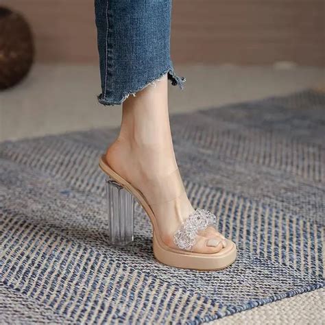 여성용 크리스탈 메쉬 레드 투명 신발 두꺼운 굽 하이힐 샌들 다목적 슬리퍼 2023 여름 신상 Aliexpress