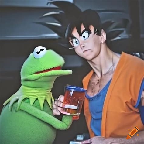 Kermit the frog and goku drinking beers in a parking lot on Craiyon