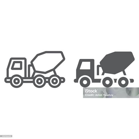 콘크리트 믹서 트럭 선 및 문자 모양 아이콘 교통 및 빌드 건설 차량 표시 벡터 그래픽 흰색 바탕에 선형 패턴 10에 대한 스톡