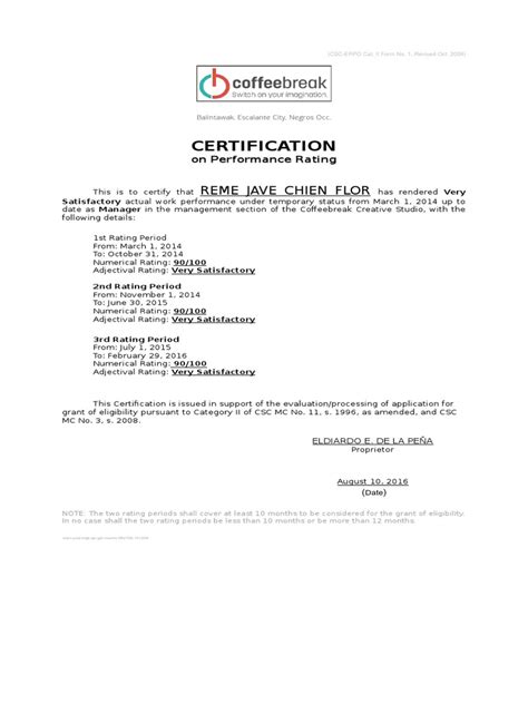 Certificate Of Performance Rating Pdf
