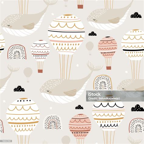 잠자는 고래 열기구와 원활한 유치한 패턴 직물 포장 직물 벽지 의류에 대한 창조적 인 아이 손으로 그린 질감 벡터 일러스트레이션 검은색에 대한 스톡 벡터 아트 및 기타