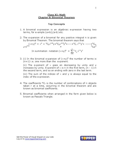 Xi Maths Ch8 Binomial Theorem Top Concepts Pdf Summation Numbers