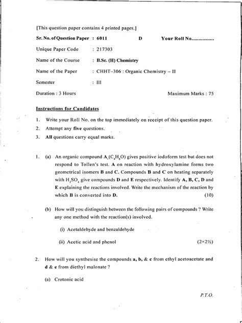 b sc h chemistry chht 306 organic chemistry ii sem iii 6011