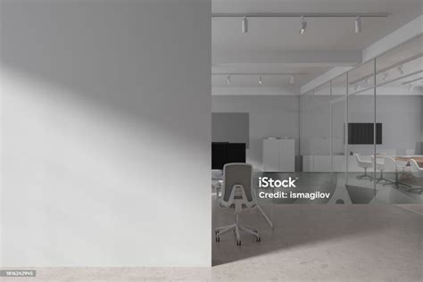 Pc 컴퓨터와 가구가 있는 현대적인 사무실 인테리어 모형 벽 0명에 대한 스톡 사진 및 기타 이미지 0명 3차원 형태 가구 Istock