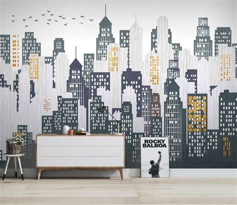 Watercolor City Silhouette Wallpaper Mural Living Room Murals Office
