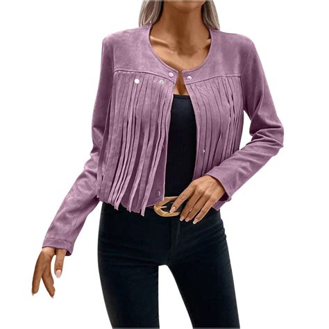 Juebong Women Vintage Faux Suede Tassel Cropped Jacket Long Sleeve