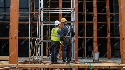 Scaffolders Assembling A Scaffold Tower Securing Metal Tubes And Planks