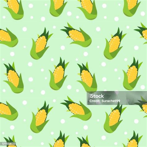 파스텔 녹색 배경에 노란색 옥수수와 잎이있는 원활한 패턴 벡터 그림입니다 귀여운에 대한 스톡 벡터 아트 및 기타 이미지