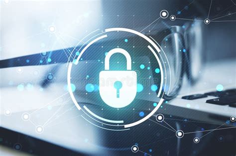 Cybersecurity Digital Padlock Icon With Network Connections On Abstract Blue Background Stock