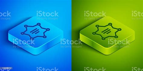 파란색과 녹색 배경에 격리 된 등색 라인 헥사그램 보안관 아이콘 경찰 배지 아이콘 정사각형 버튼입니다 벡터 일러스트레이션 경찰 배지에 대한 스톡 벡터 아트 및 기타 이미지