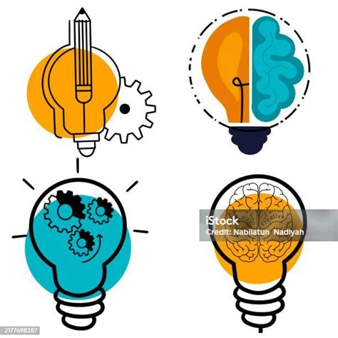 창의성 창조적 인 아이디어 생각 마음 뇌 전구 창조적 인 아이디어 마음 비표준 사고 로고로 설정된 아이콘을 보여주는 아이콘 개념에 대한 스톡 벡터 아트 및 기타 이미지