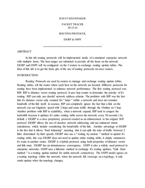 Packet Tracer Routing Protocols Eigrp And Ospf Docx Computer Networking Computing