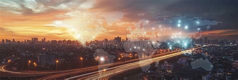cityscape with dynamic global road network overlay stock illustration illustration of modern